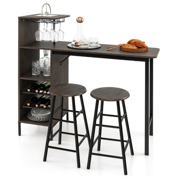 3-Teiliges Bartisch- & Stuhl-Set Esstisch-Set in Thekenhöhe Braun - Costway